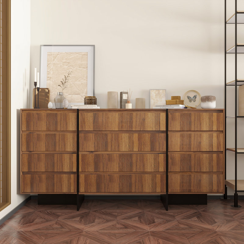 Millwood Pines Mid Century Modern 12 Drawer Dresser With Wooden Base Spacious Storage Cabinet For Bedroom And Living Room Organization Reviews Wayfair